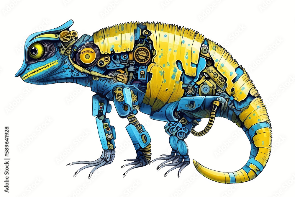 Funny yellow and blue robot chameleon. Colorful sketch on white ...