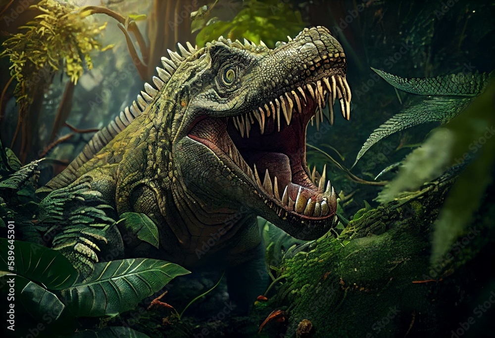 A ferocious reptile with an open mouth, sharp claws and teeth hunts in ...