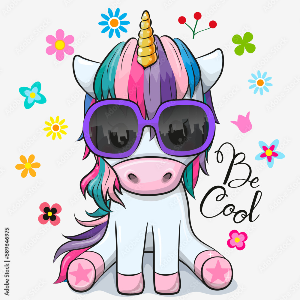 Cute Cartoon Cool unicorn Stock Vector | Adobe Stock
