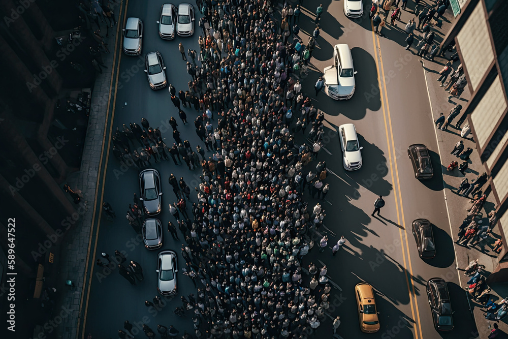 Protesting crowd at city street. Protesting people marching at city ...