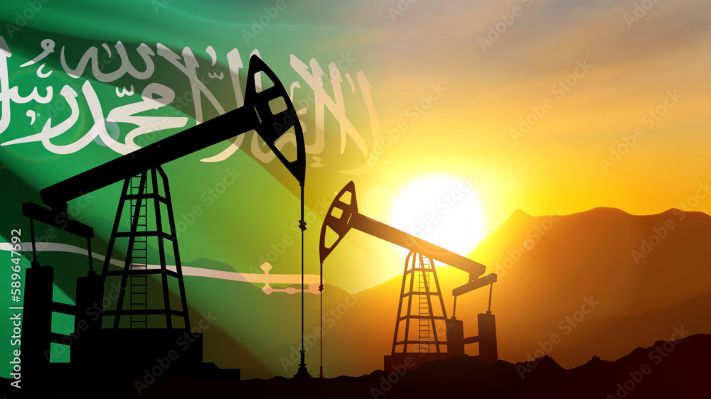 Silhouette of Oil pump on background of flag of Saudi Arabia against ...