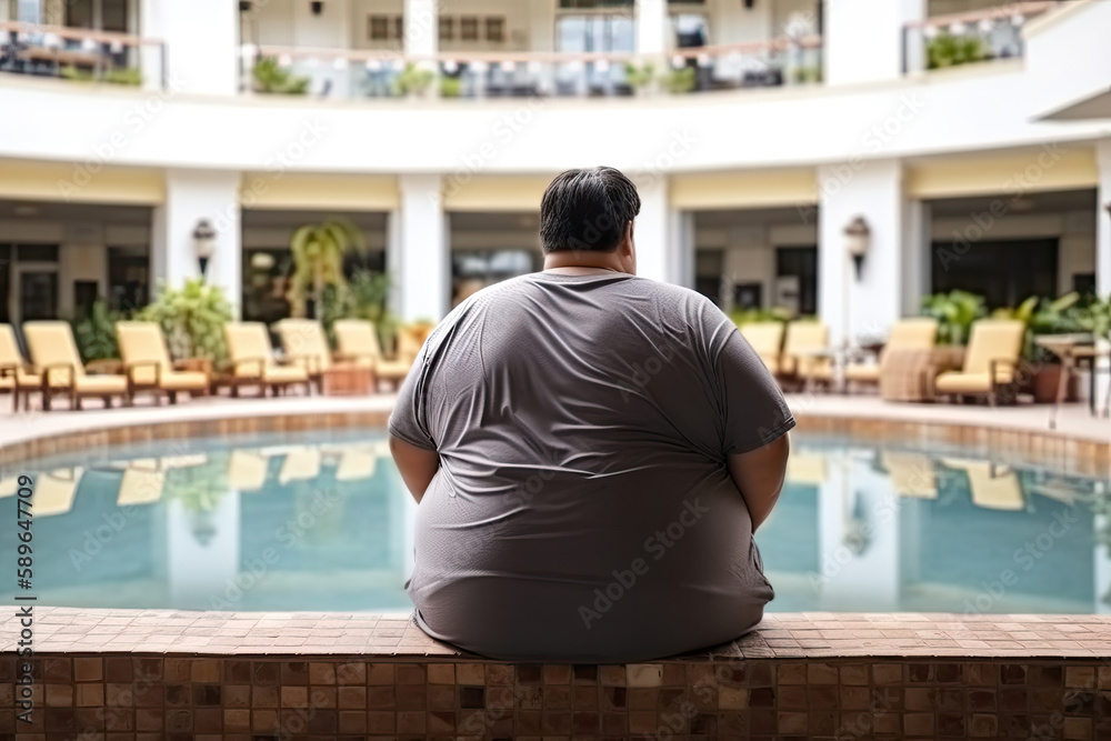 Back view of fat man with overweight standing near swimming pool at ...