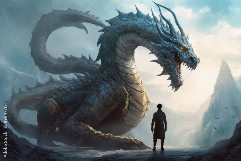 Man stands in front of huge dragon. Legend of battle between brave ...