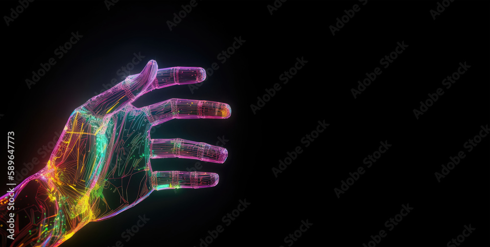 Digital hand hologram on dark background with copy space. Neural ...