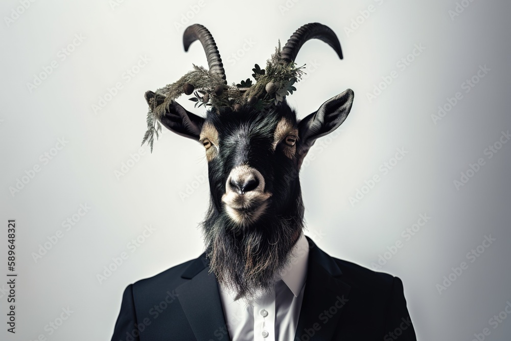 Portrait of a goat wearing a crown on a gray background. Concept art ...