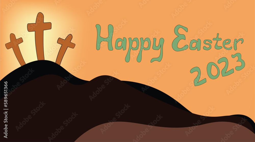 happy easter 2023 greeting banner golgota hill and three jesus cross on ...