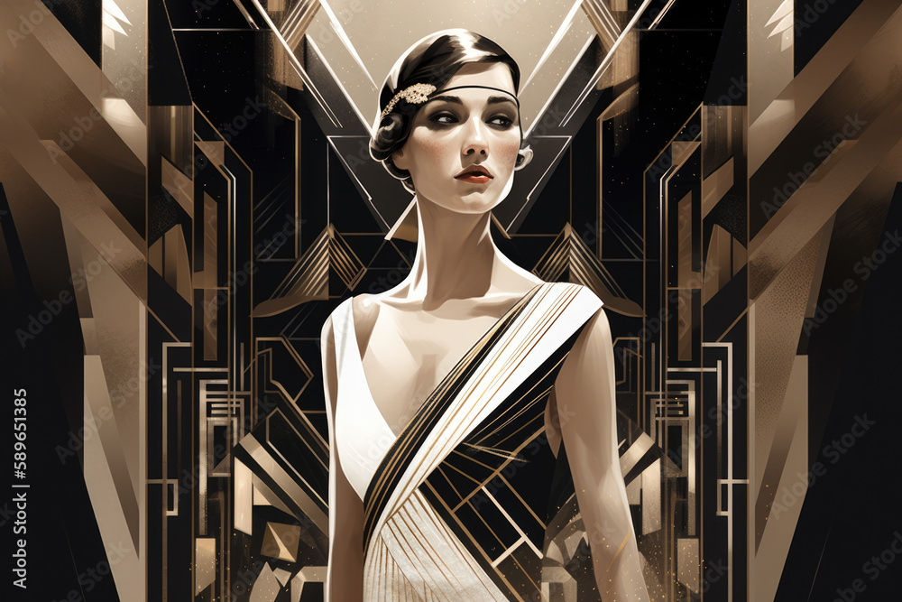 Art Deco-inspired portrait of a confident woman in a sleek evening gown ...