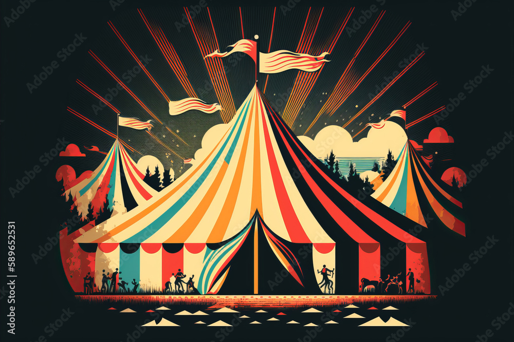 Illustration of a circus tent with colorful flags and lights. Bold ...