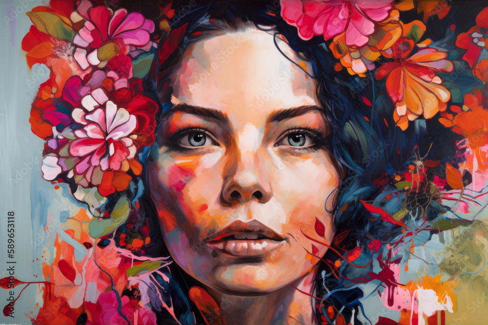 bold and striking portrait of a strong and confident woman, adorned ...