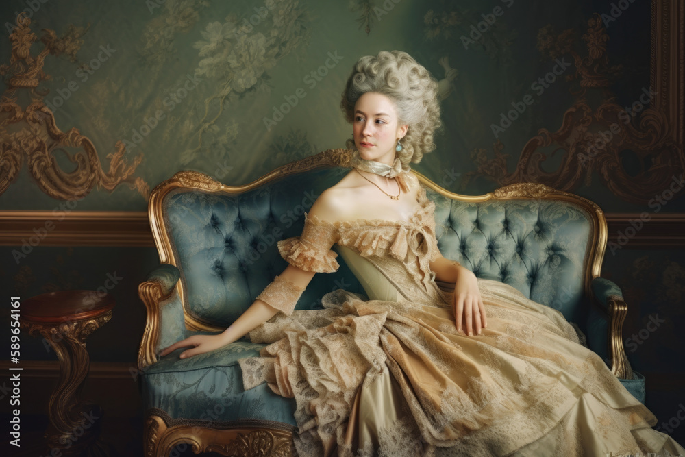 Charming portrait of a young woman with delicate features, adorned with ...
