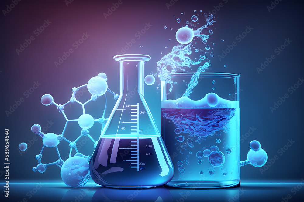 beaker and flask in science laboratory with chemical structure blue ...