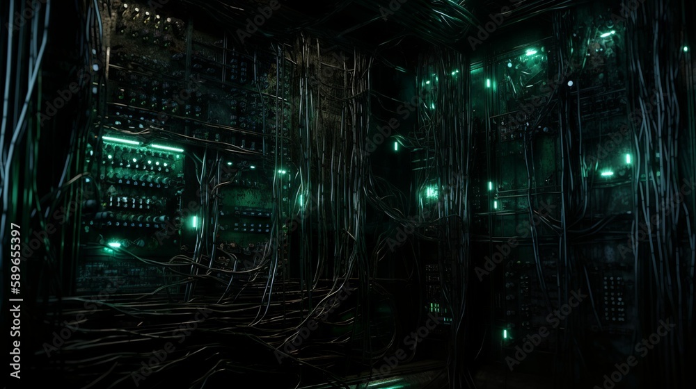 Dark sci-fi space station walls and hulls in interior with leds and ...