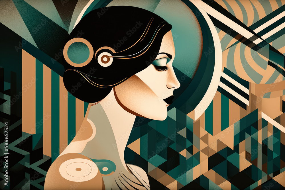 Elegant Art Deco portrait of a woman with a vintage twist, featuring ...