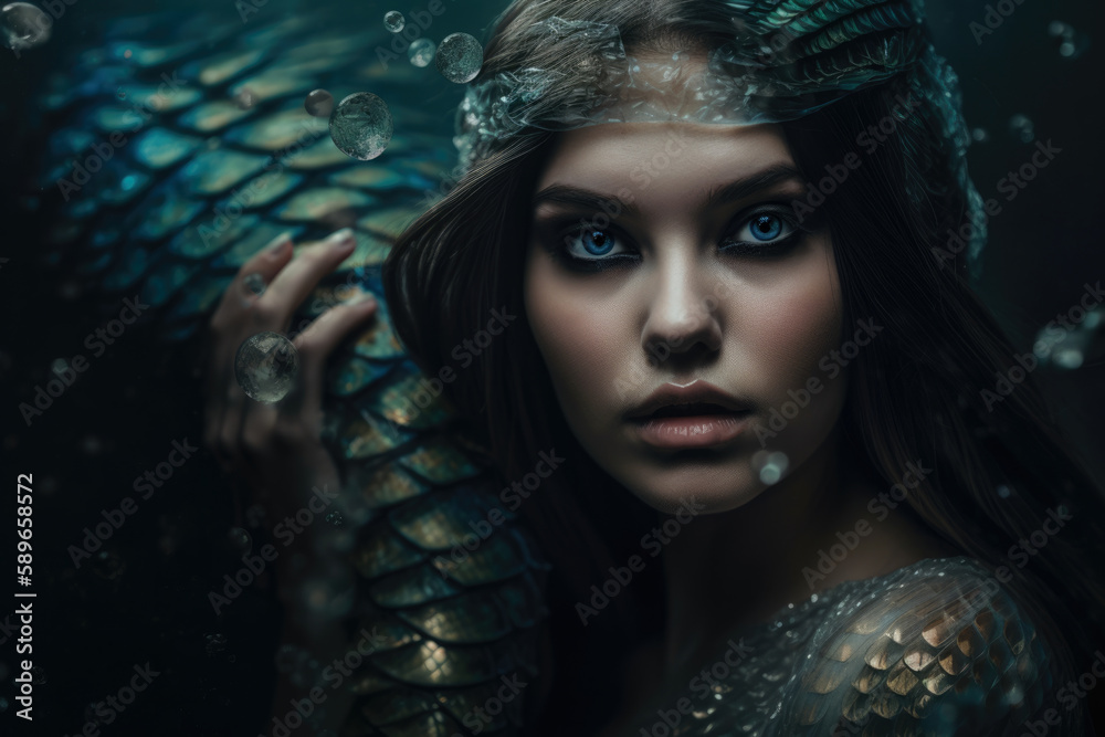 ภาพประกอบสต็อก Enchanting mermaid emerging from the depths with a ...