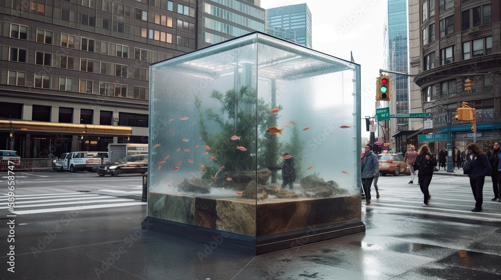 giant fish tank shaped like a Cube in the middle of new york city ...