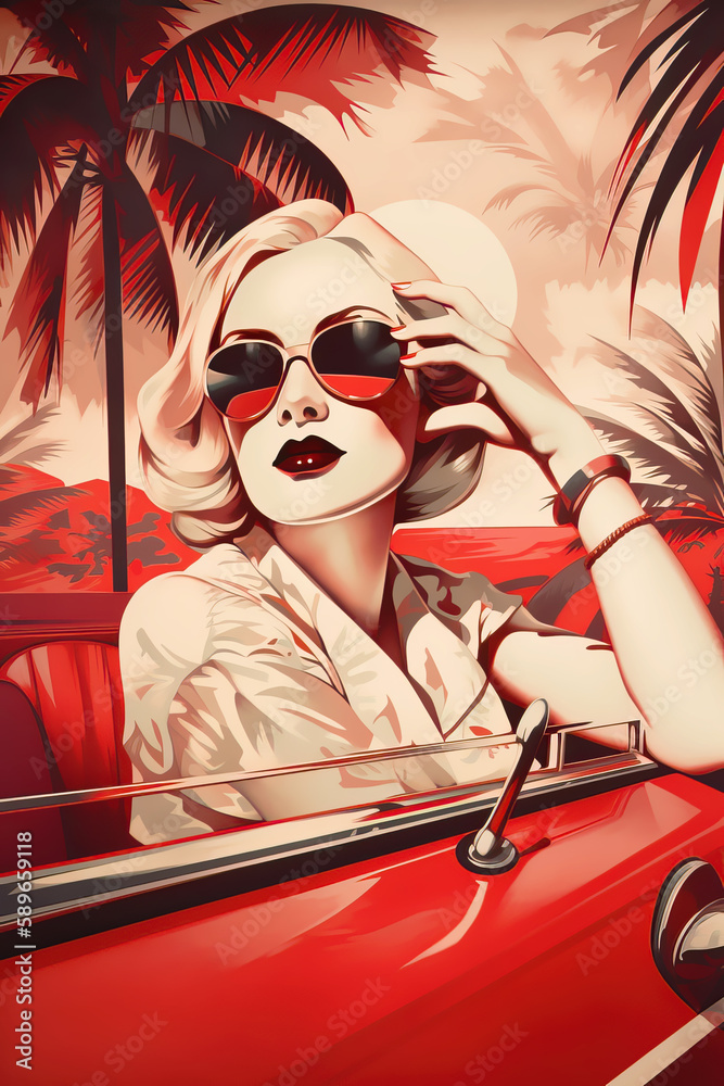 Vintage Illustration of a beautiful woman with red sunglasses in a red ...