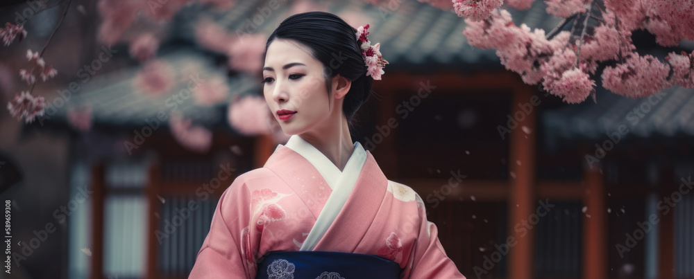 Ethereal Geisha with a serene expression standing in front of a ...