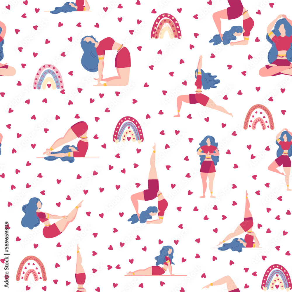Yoga seamless pattern woman is engaged. Yoga poses, lotus, monstera ...