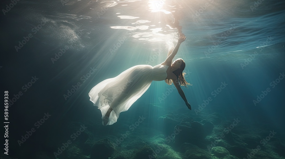 Elegant girl dancer in white dress in a state of levitation under the ...
