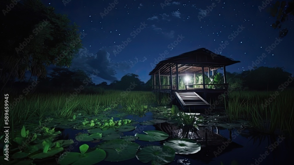 midnight swamp, blue/ black sky, green fireflies, east asian hut on ...