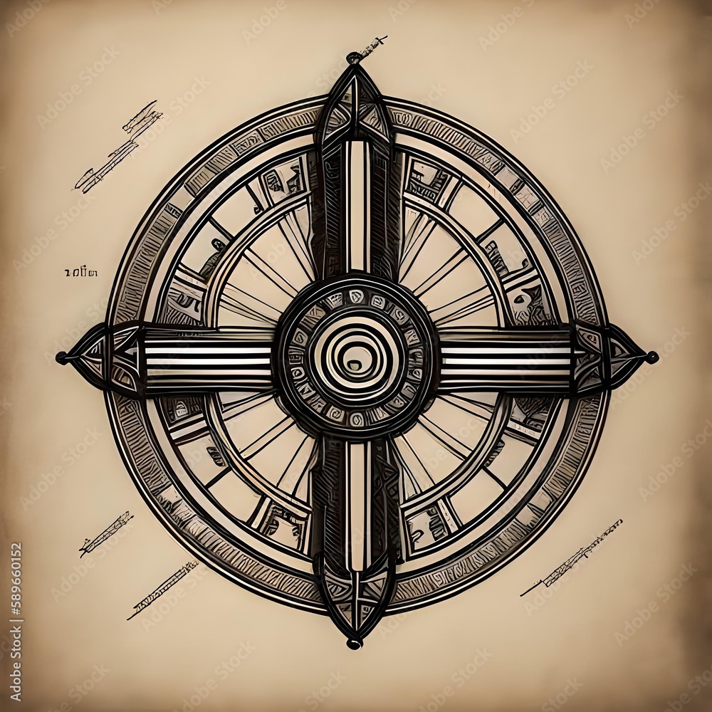 hand drawn illustration, compass with fantasy writing on it, designed ...