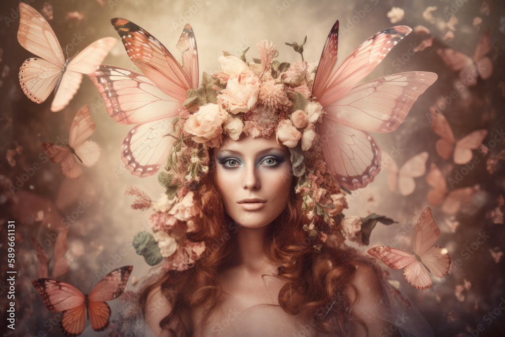 Flower Goddess with a Blossom Crown and Butterfly Wings, generative ai ...