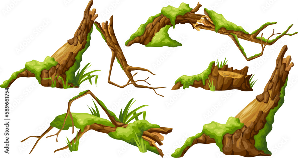 Logs, stump in moss. Cartoon tree in lichen in swamp jungle. Broken oak ...