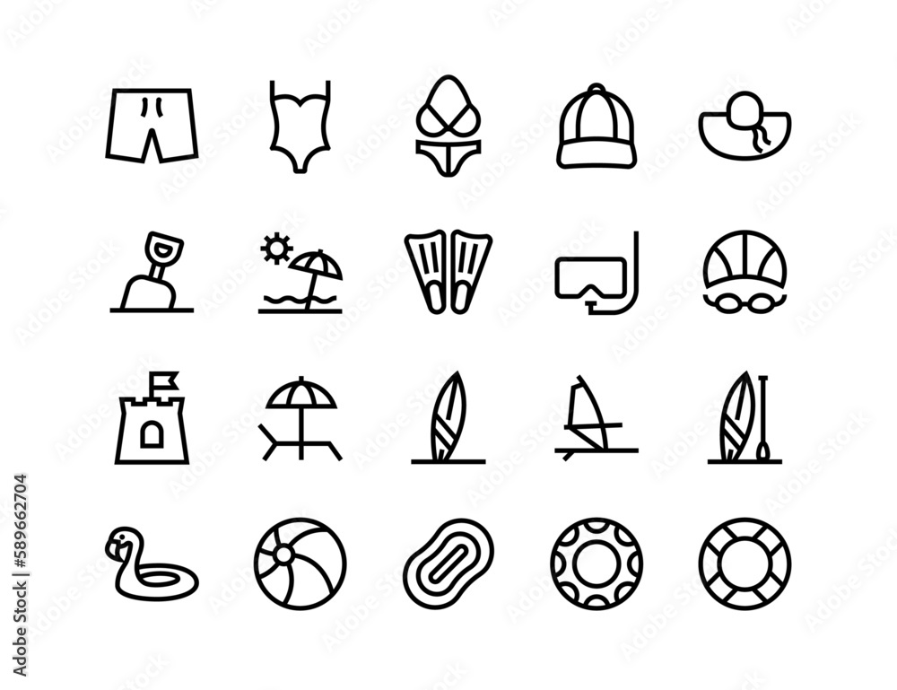 Beach and activities icon set with adjustable line weight Stock Vector ...