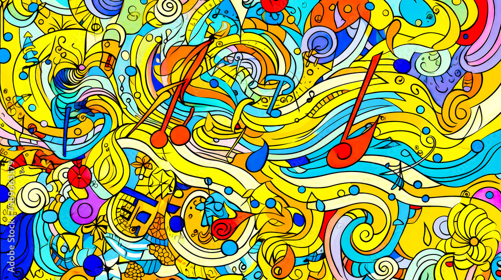 Drawing of musical instruments and music notes on colorful background ...