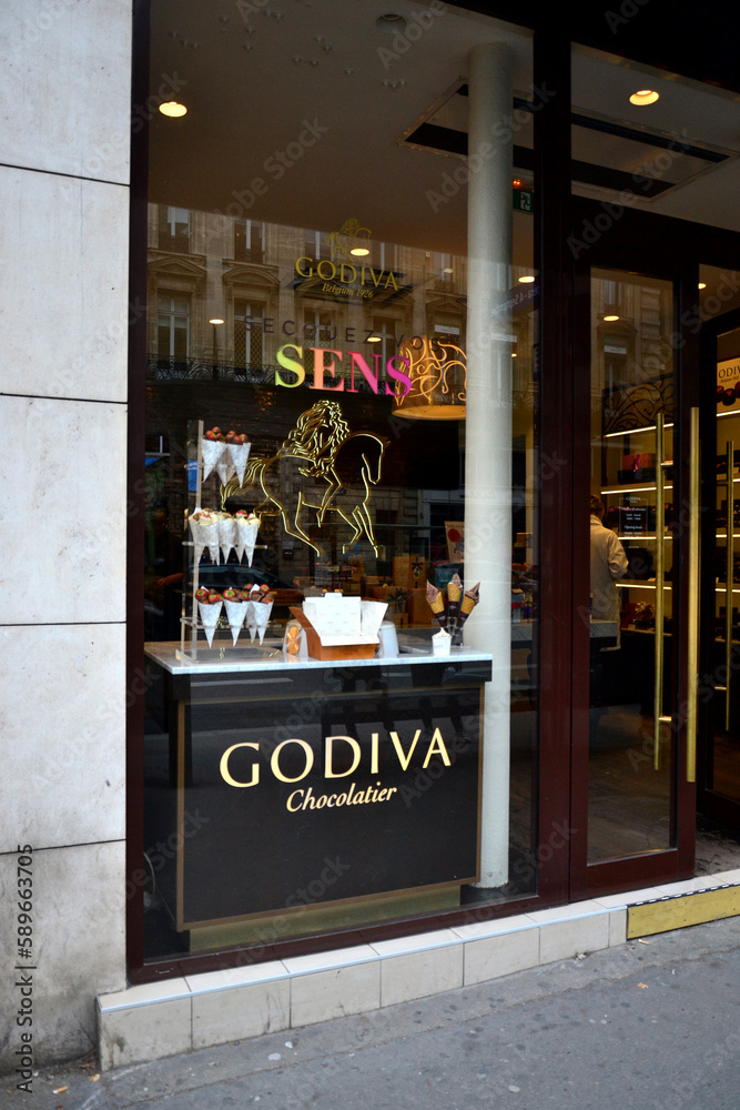 Paris, France - October 24th 2019 : Focus on the shop window of Godiva ...