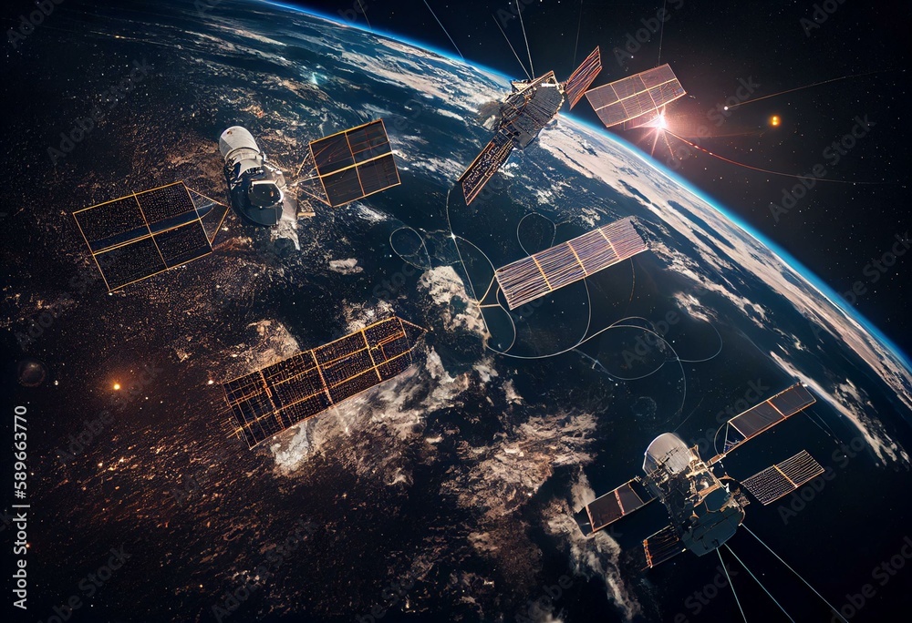 Fleet of Internet starlink satellites in orbit over earth. A line of ...