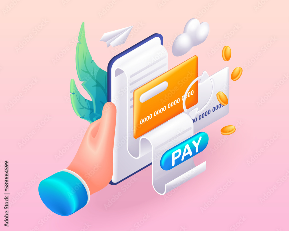 Trending 3D Isometric, cartoon illustration. Hand holding mobile smart ...