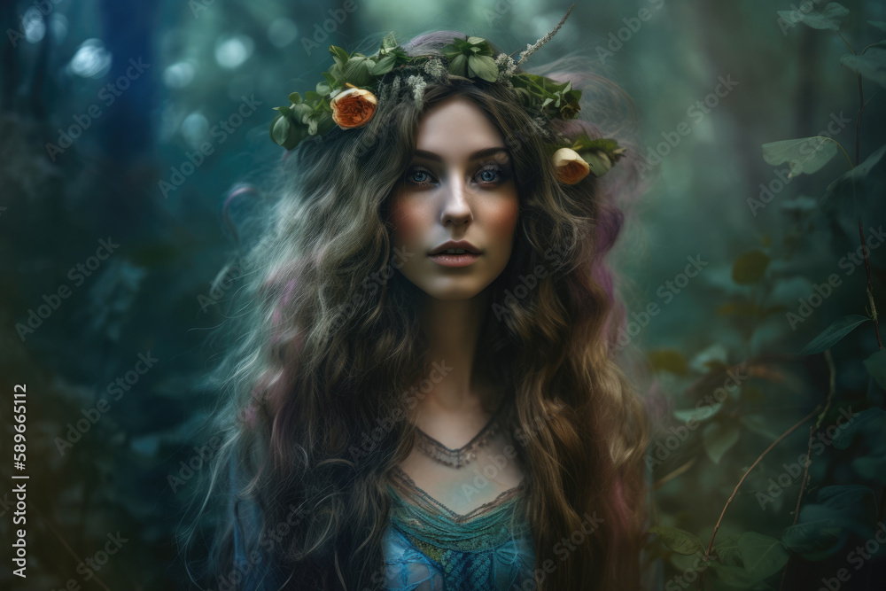 Magical Forest Nymph Portrait of a woman with flowing hair and leaves ...