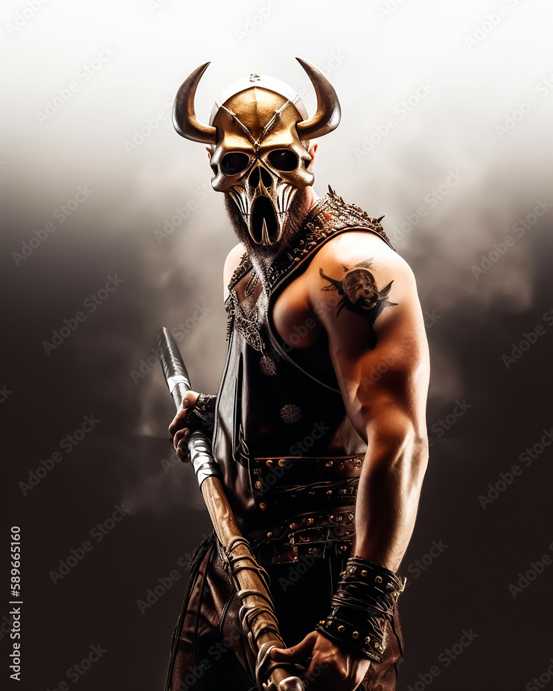 Fantasy Medieval warrior berserk Viking in Skull mask and vintage metal ...