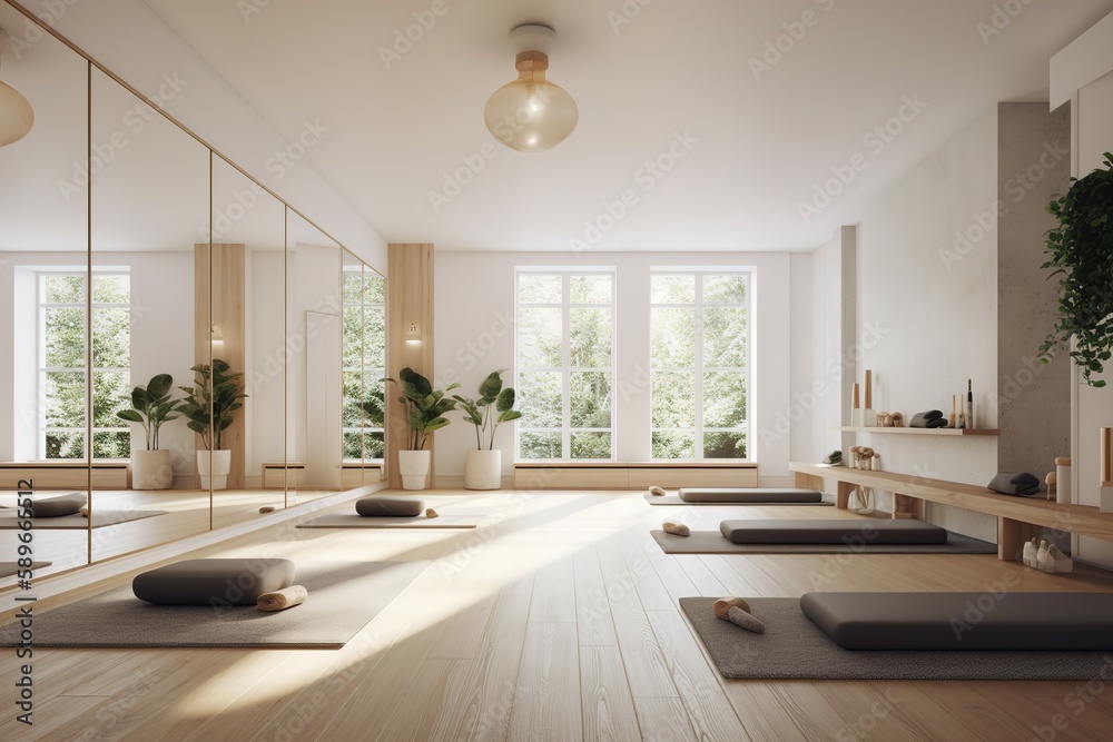 interior of a yoga room with large windows Stock Illustration | Adobe Stock