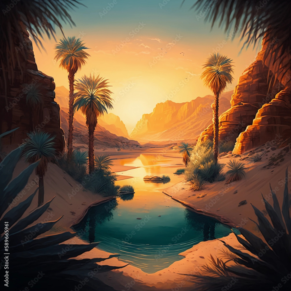 Eine Oase mit Palmen und einem wunderschönen Sonnenuntergang am ende ...