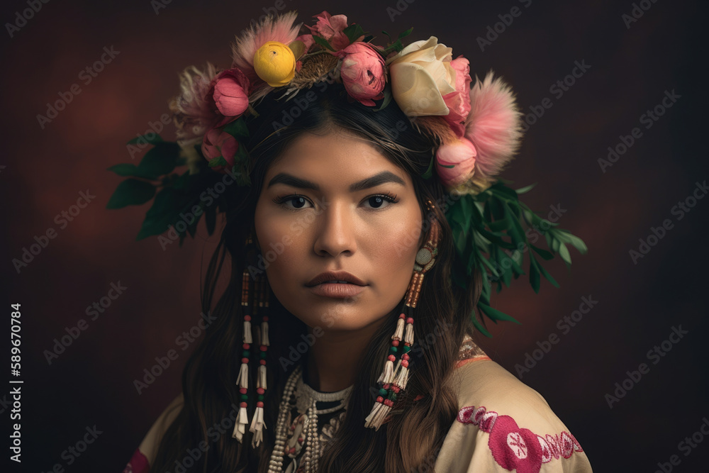 Portrait of a Native American woman with a dreamy expression wearing a ...