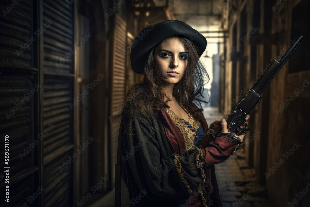Portrait of a sly pirate princess with a pistol in hand, hiding in the ...