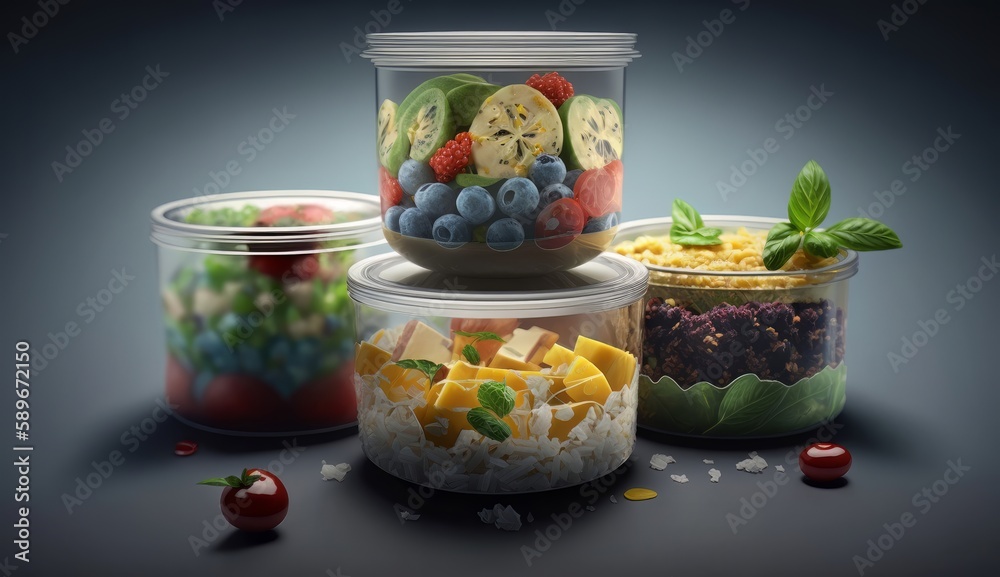 Healthy food served in small containers. Meal prep, portion control ...