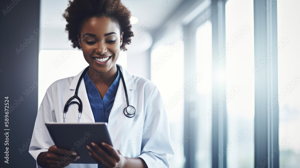 A Smiling Young Black Female Doctor Using a Digital Tablet in the ...