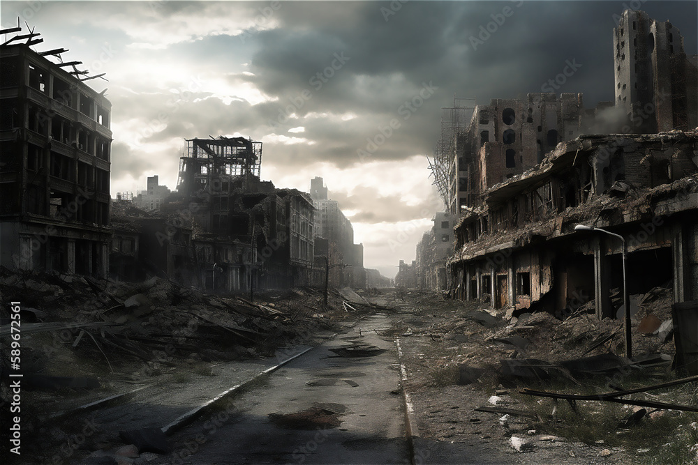 very big city destroyed, with ruined buildings, abandoned, smoky, foggy ...