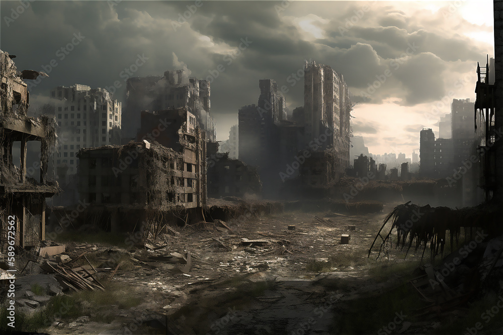 very big city destroyed, with ruined buildings, abandoned, smoky, foggy ...