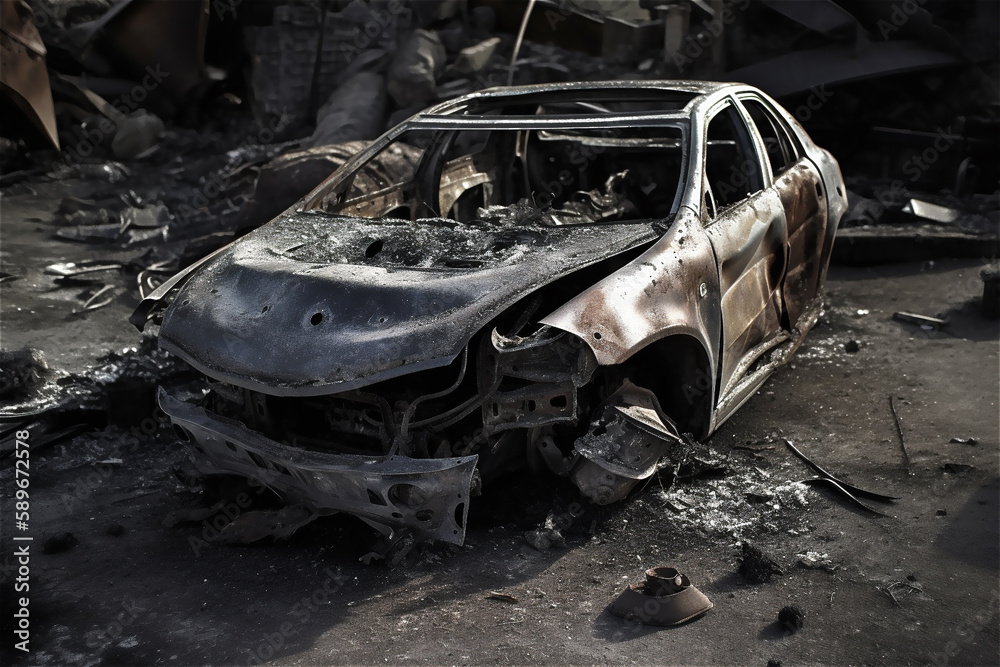 Destroyed ruined car after the fire. Iron parts of a burnt car. AI ...