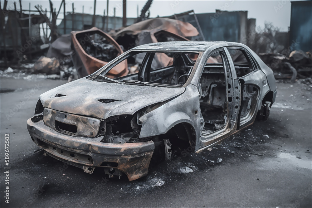 Destroyed ruined car after the fire. Iron parts of a burnt car. AI ...