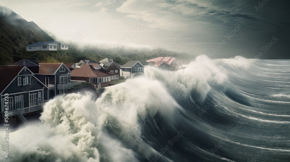 the devastating impact of a tsunami wave, crushing houses and leaving ...
