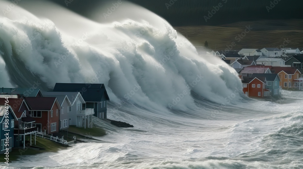 the devastating impact of a tsunami wave, crushing houses and leaving ...