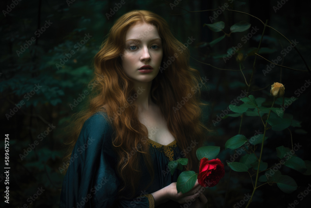 Pre-Raphaelite woman with flowing golden hair and a red rose in her ...