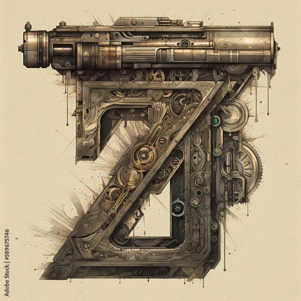 gun, steampunk, alphabet, a, b, c d, f, g, h, j, k, l, m, n, p, q, r, s ...