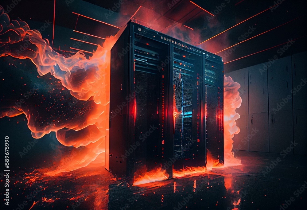 Burning server room. Data center supercomputer technology in fire ...