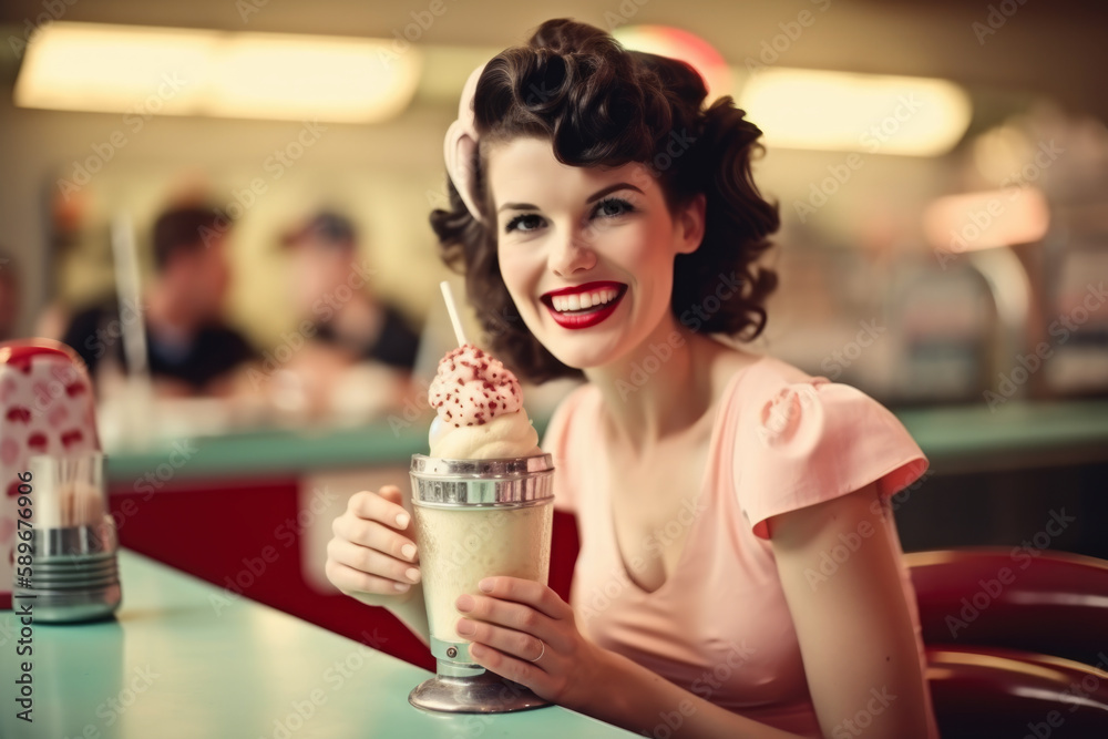 Retro Woman Enjoying Milkshake in a 1950s Diner, generative ai ...